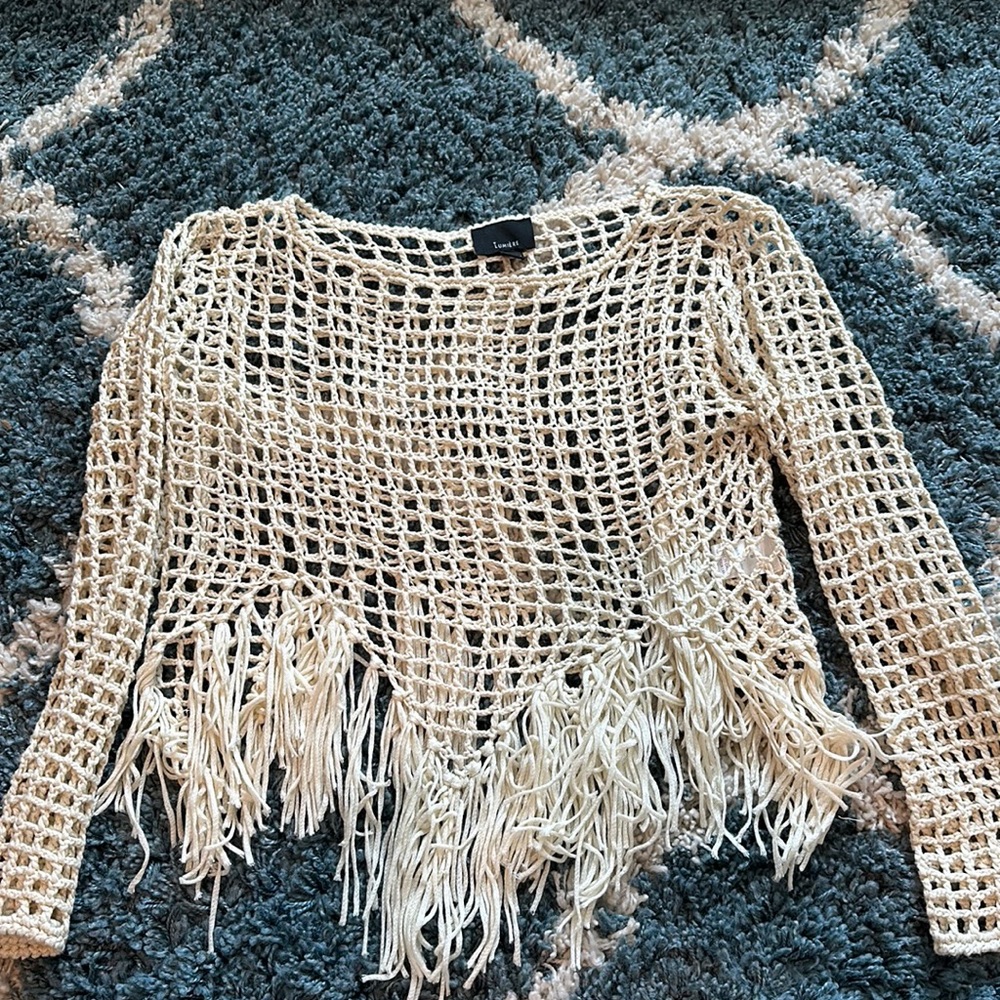 Lumiere - Cream/Tan Crochet Fringe Bathing Suit Top C… - Gem